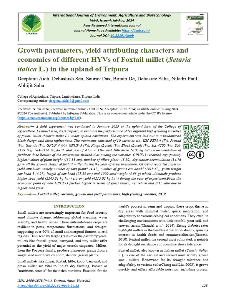 Growth Parameters, Yield Attributing Characters and Economics of Different HYVs of Foxtail ...