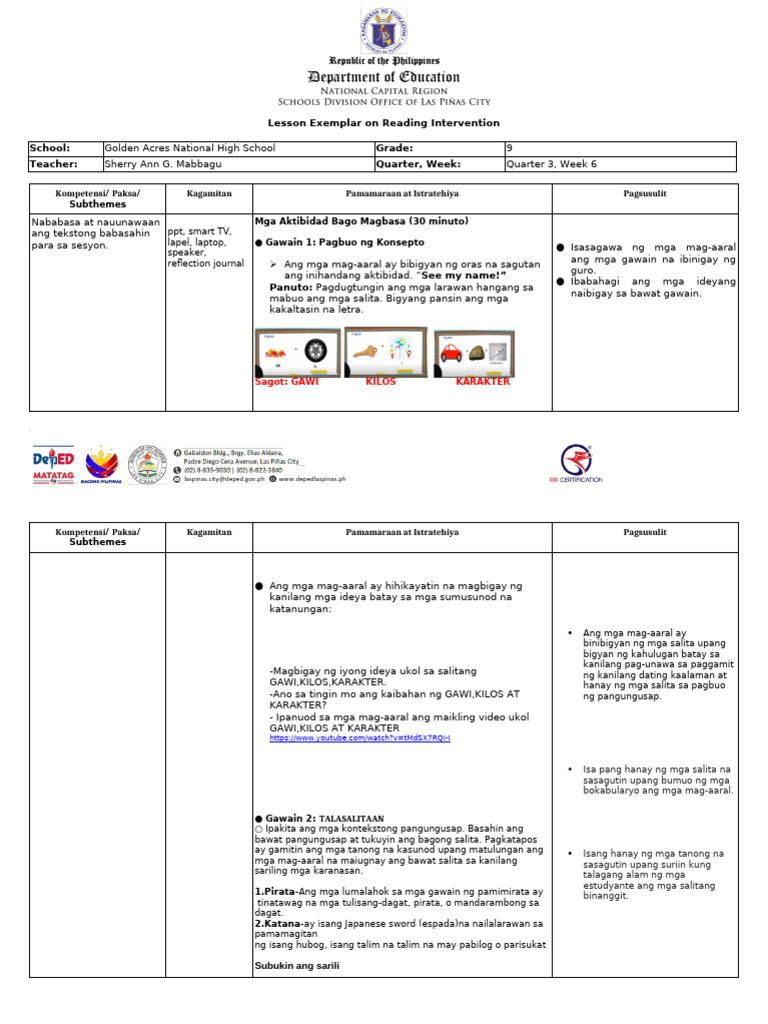 Lesson Exemplar On Reading Intervention Week 6 Filipino 9 | PDF