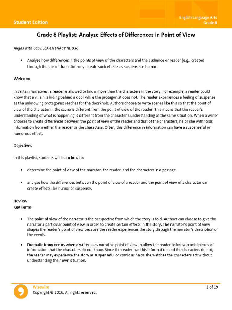 RL.8.6 Analyze Effects of Differences in Point of View FINAL | PDF ...