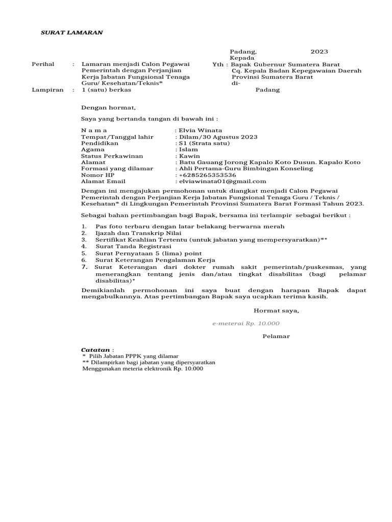 Contoh Surat Lamaran Dan Surat Pernyataan 5 Point PPPK | PDF