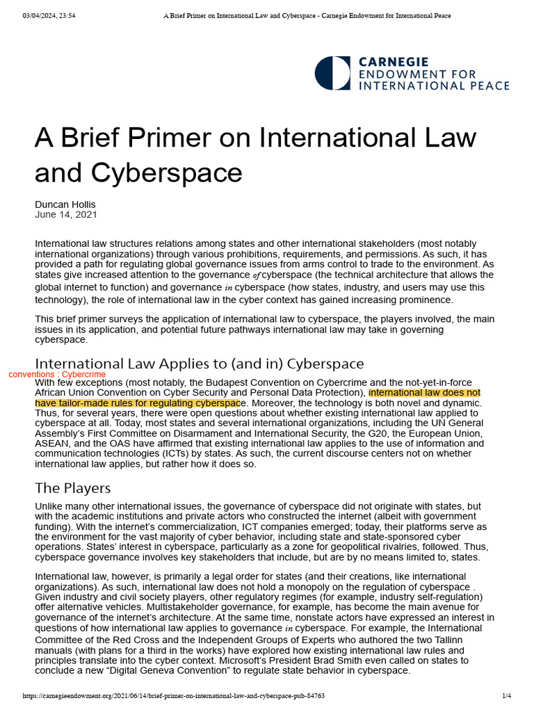A Brief Primer On International Law and Cyberspace - Carnegie Endowment ...