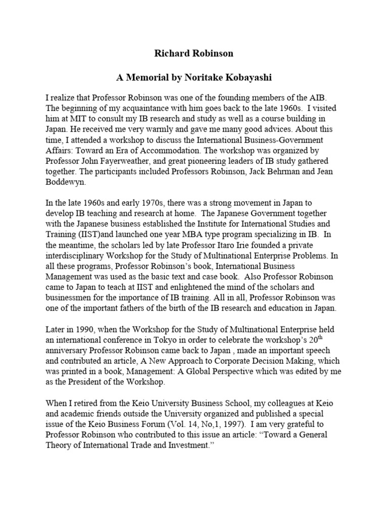 Remembering Professor Richard Robinson | PDF | Travel | History