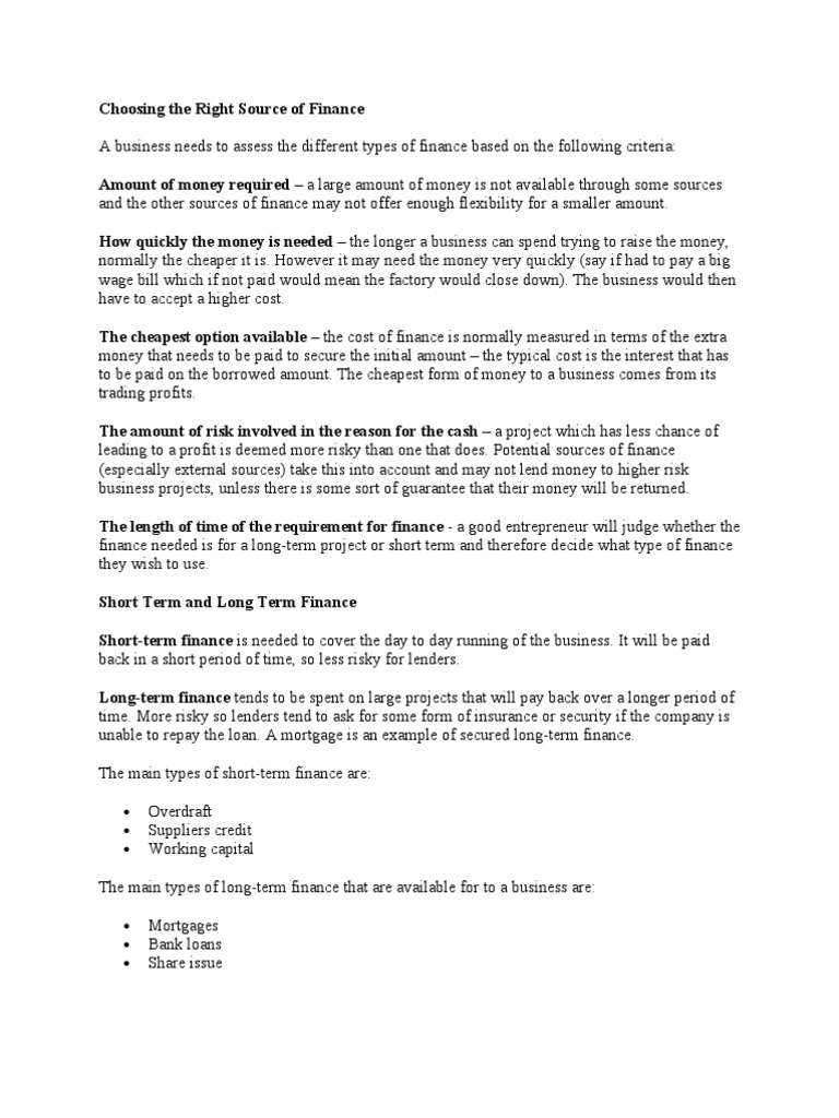 Choosing The Right Source of Finance | PDF | Investing | Financial Services