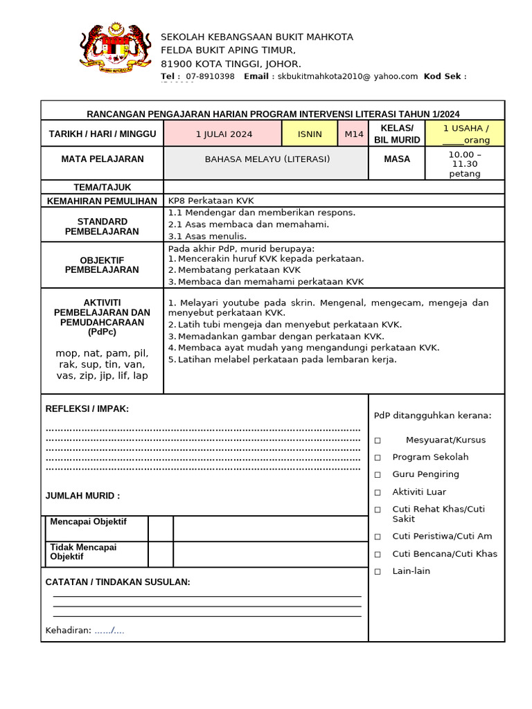 Rancangan Pengajaran Harian Program Intervensi Literasi Tahun 1 | PDF