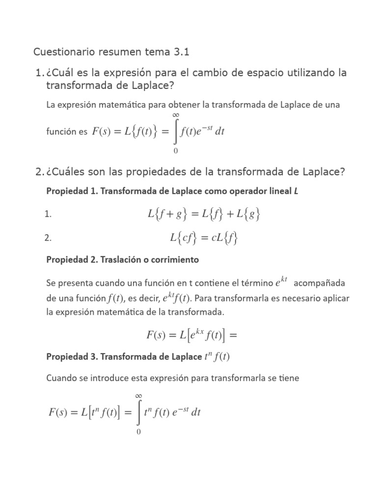 Cuestionario Resumen 3.1_2 PREG 2 | PDF | Integral | Transformada de Laplace