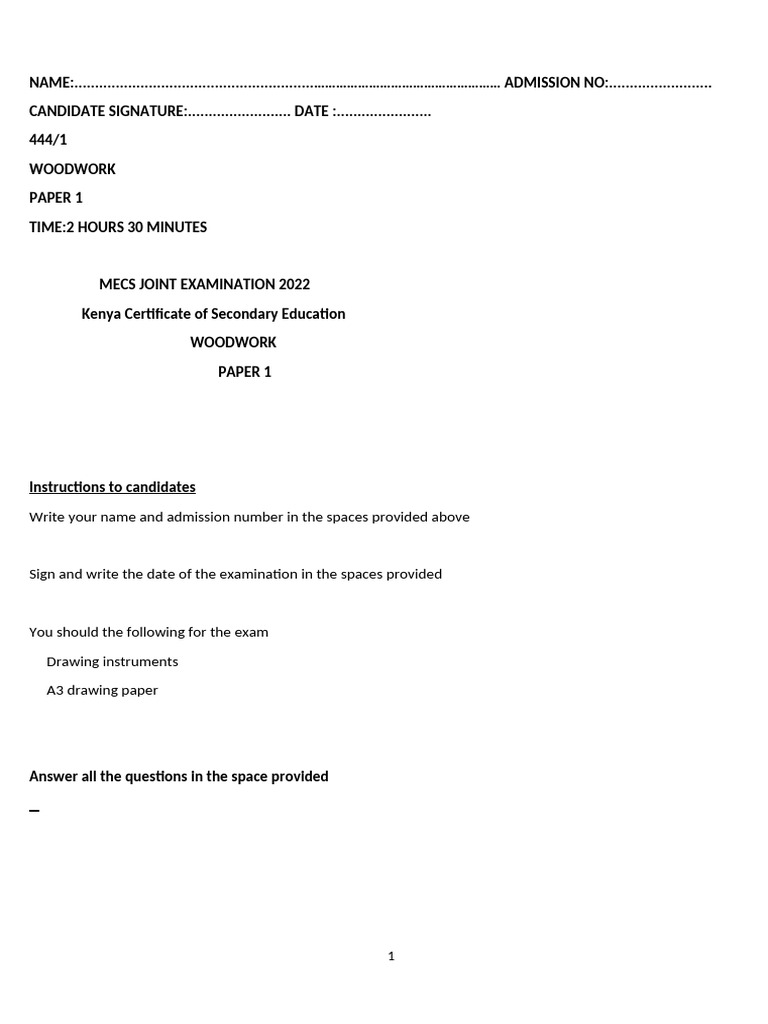 444 1 Form 4 Wood Work Mecs Exam | PDF