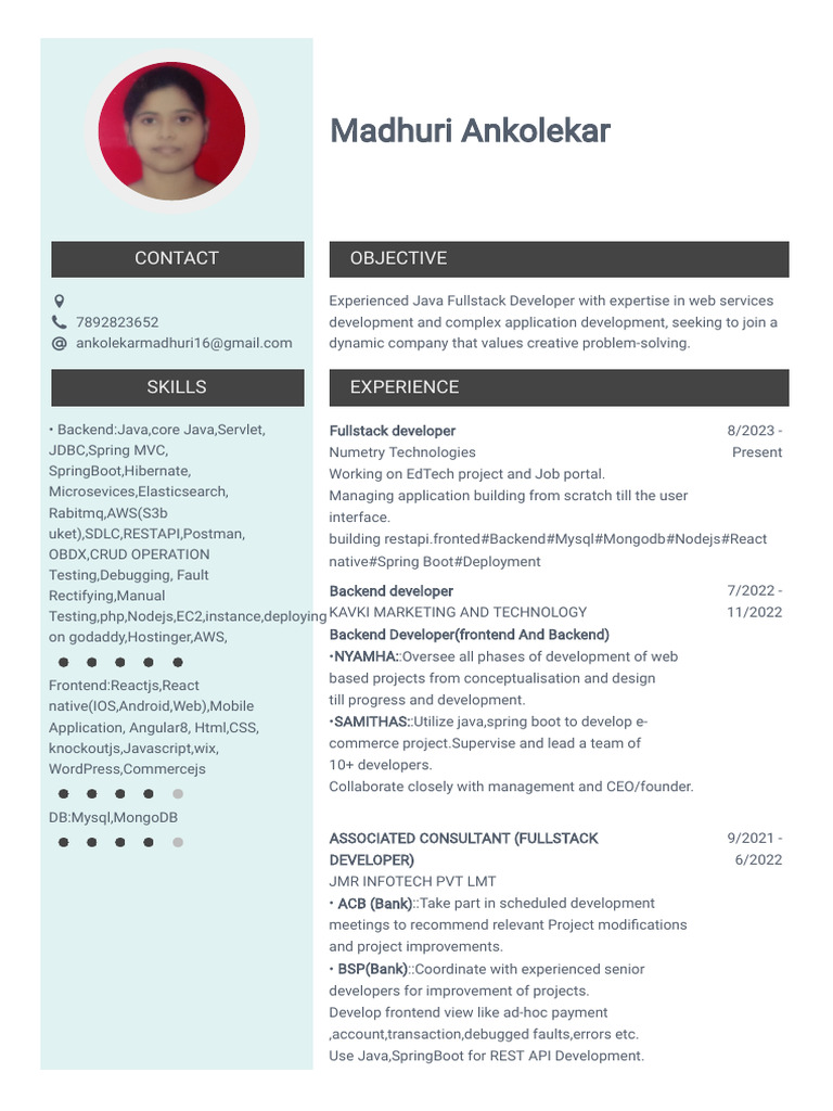 Resume Madhuri Ankolekar | PDF | Java (Programming Language) | World Wide Web