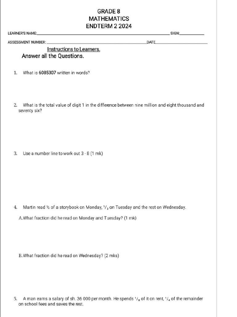 G8 Mathematics End Term 2 Exam's | PDF