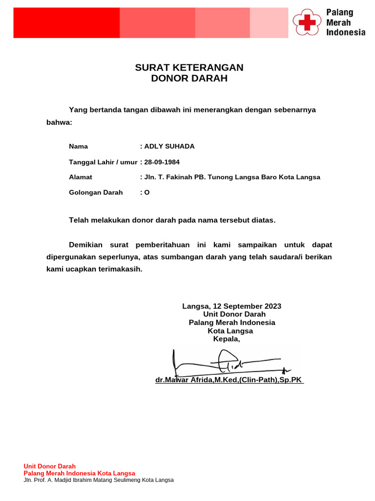 Surat Keterangan Telah Donor | PDF