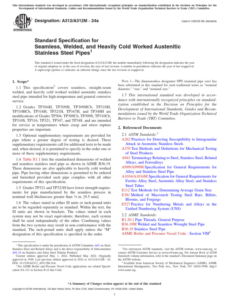 ASTM A312-24a | PDF | Pipe (Fluid Conveyance) | Stainless Steel