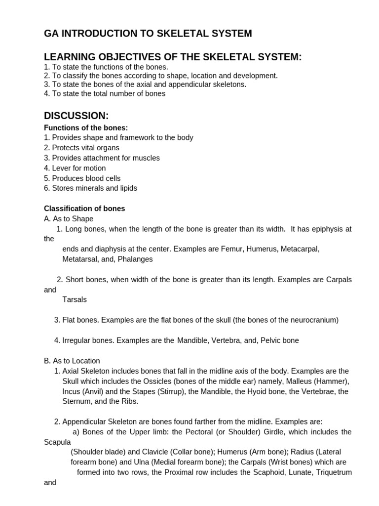 GA INTRODUCTION TO SKELETAL SYSTEM | PDF | Bone | Skeleton