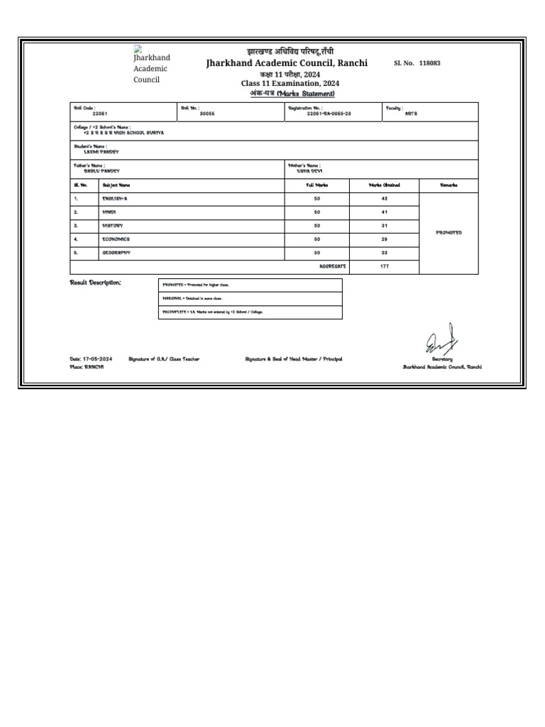 Class 11 Marks Statement 2024 | PDF