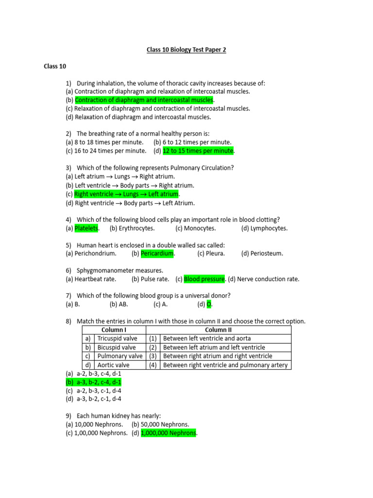 Class 10 Biology Test Paper 2 | PDF | Ventricle (Heart) | Atrium (Heart)