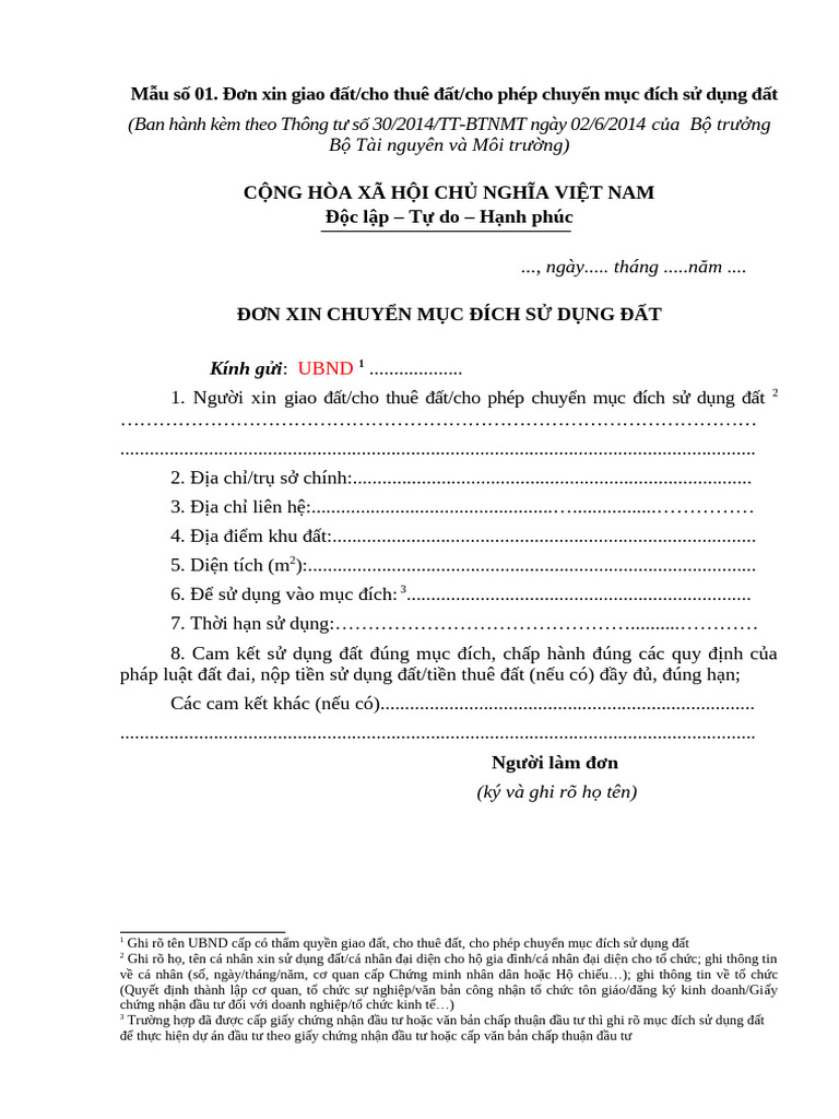 Don Giao Dat - Cho Thue Dat Theo Mau 01 - Ban Hanh Kem Theo Thong Tu 30 ...