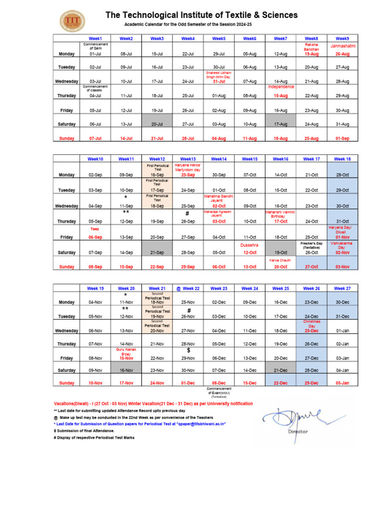 Academic Calendar Odd Sem 2024 25 Pdf Educational Organizations