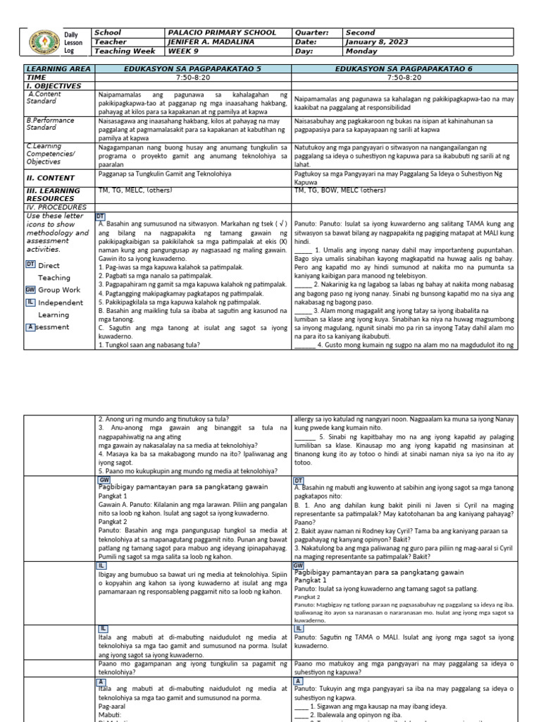 Daily Lesson Log: A.Content Standard B.Performance Standard C.Learning Competencies/ Objectives ...