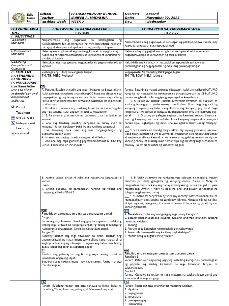Daily Lesson Log: A.Content Standard B.Performance Standard C.Learning Competencies/ Objectives ...