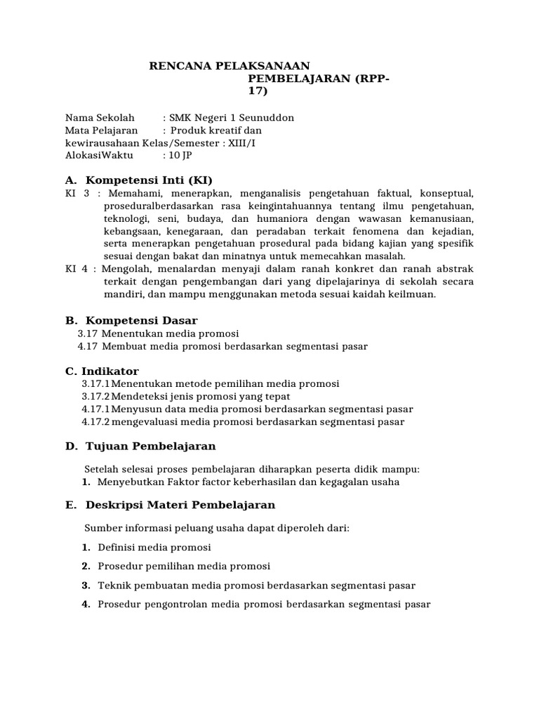 RPP Produk Kreatif Dan Kewirausahaan - Erni Tri Utami | PDF