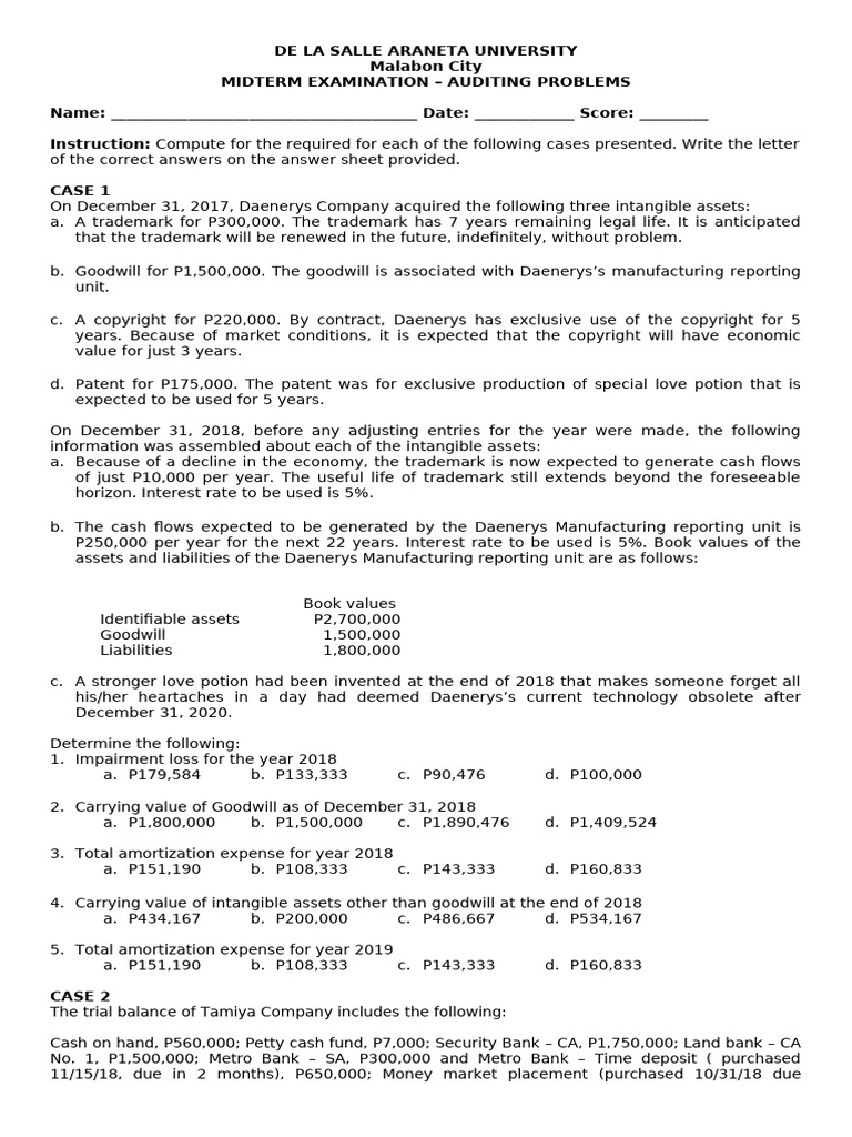 Midterm Examination Auditing Problems | PDF | Goodwill (Accounting ...