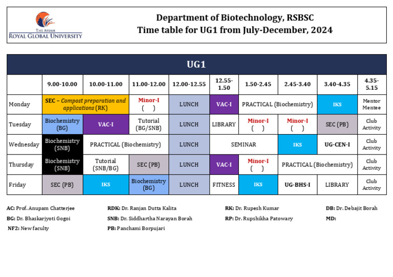 Time Table - July-Dec 2024 - UG1 - Biotech - RSBSC | PDF | Life ...