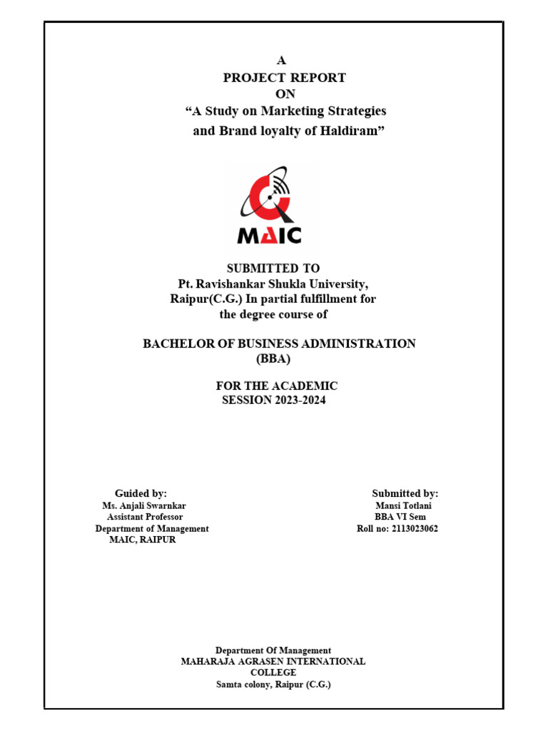 Mansi Totlani Bba 6 TH Sem Final Project File | PDF | Marketing | Marketing Strategy