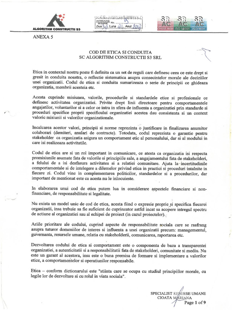 Cod Etica Si Conduita | PDF
