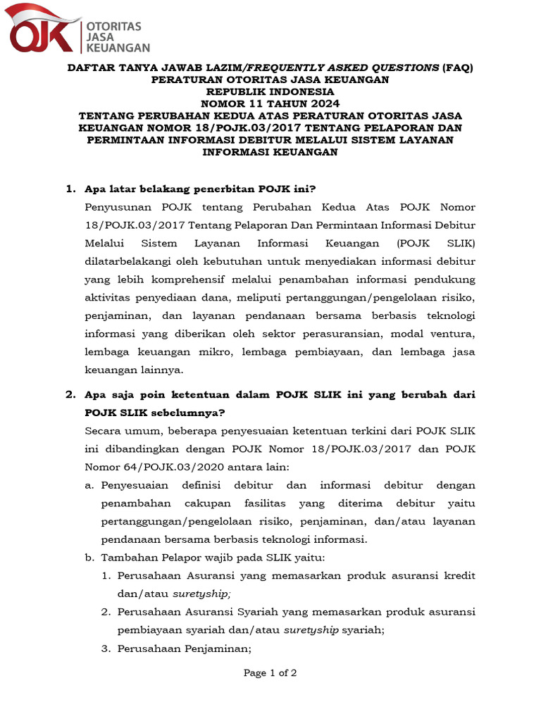 FAQ POJK No. 11 Tahun 2024 SLIK | PDF | Pengelolaan Keuangan & Uang