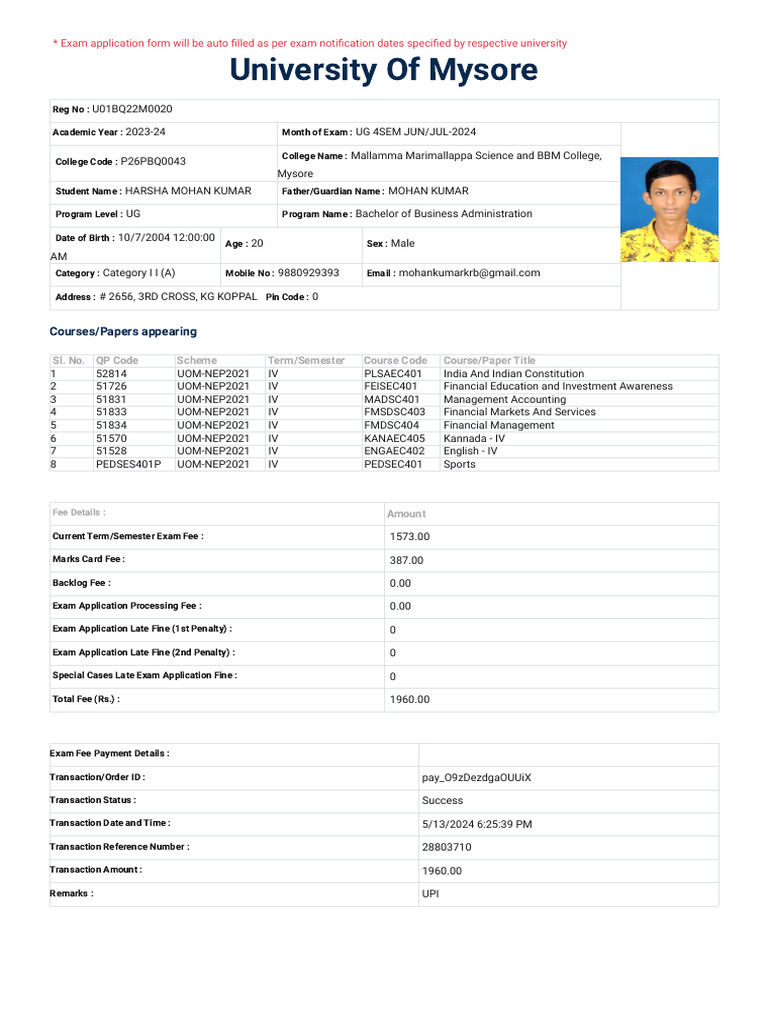 University of Mysore BBA Exam Form | PDF | Banking Technology | Service ...