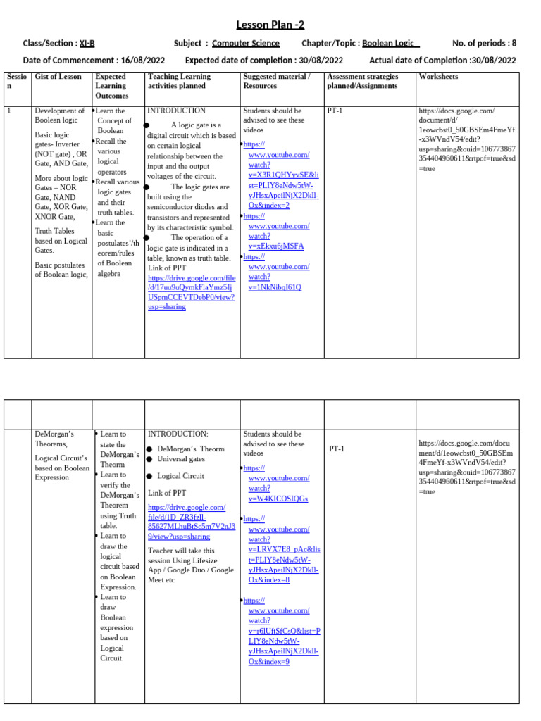 Lesson Plan Boolean Pdf Logic Gate Computer Engineering