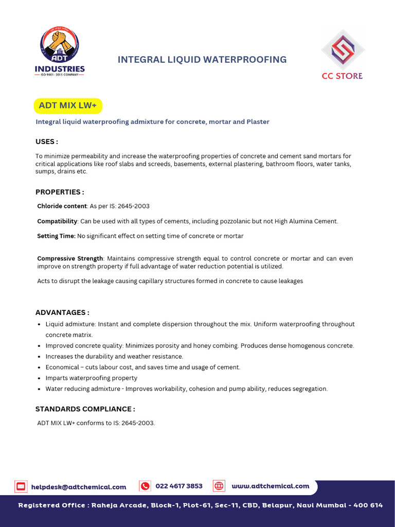 WaterProofing Chemicals - ADT Mix LW+ | PDF | Concrete | Mortar (Masonry)