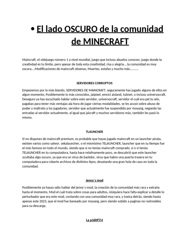 El Lado OSCURO de La Comunidad de MINECRAFT 1 | PDF | Juegos y actividades | Novela negra ...