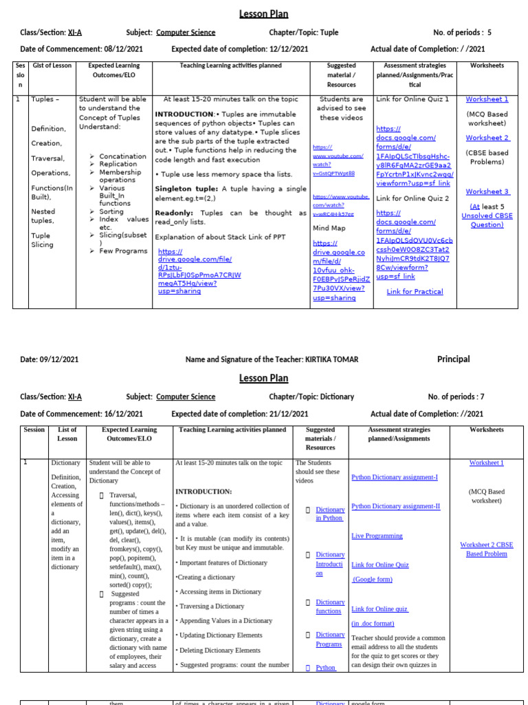 Tuple and Dictionary Lesson Plan | PDF | Lesson Plan | Computing