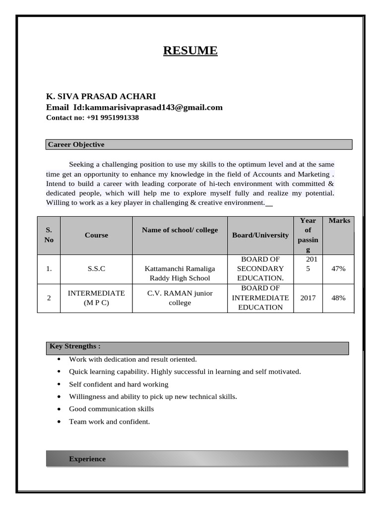 Resume: K. Siva Prasad Achari | PDF | Human Communication | Cognition