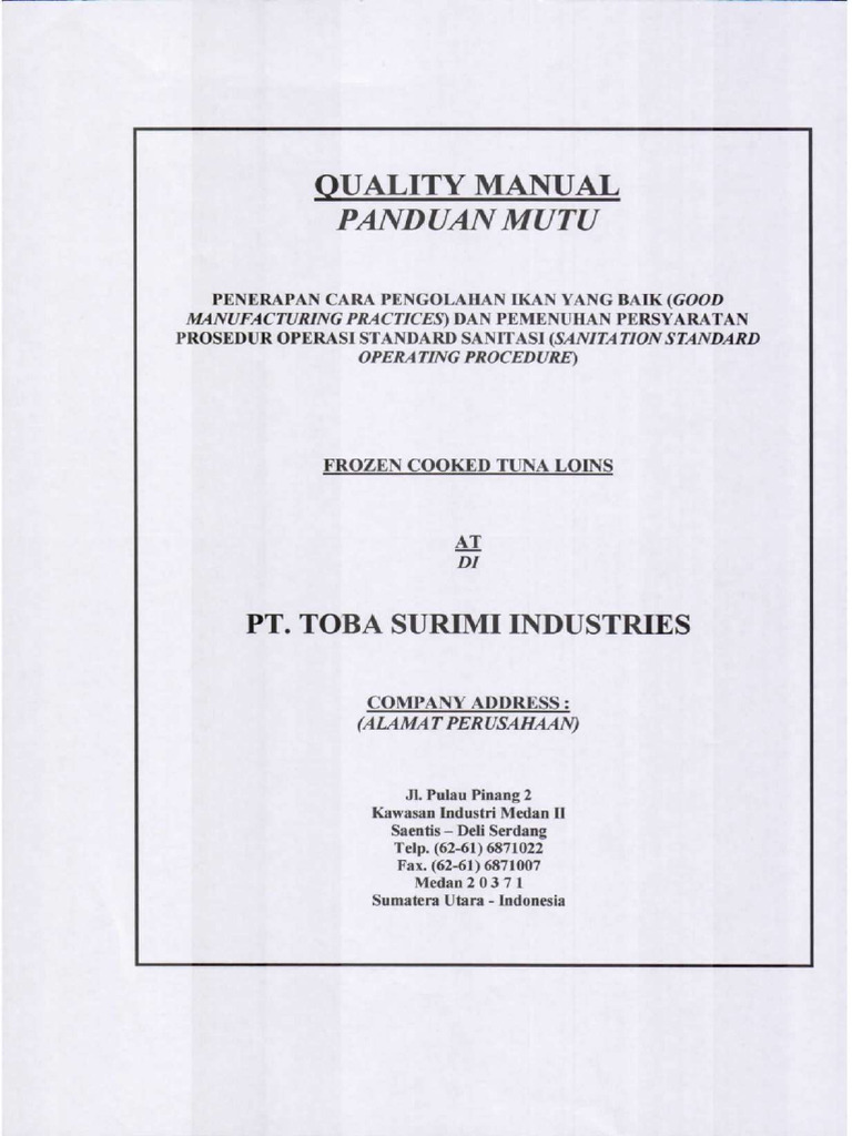 Contoh Panduan Mutu GMP SSOP Skala Besar | PDF