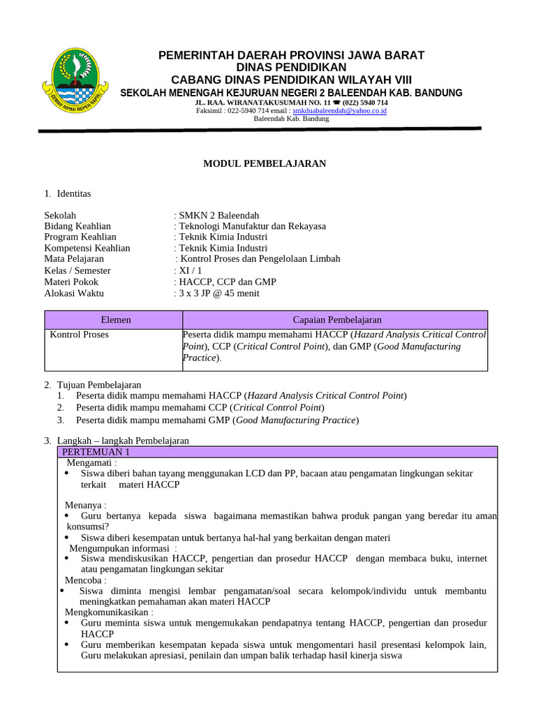 Modul Ajar CP 1 Kontrol Proses Dan Pengelolaan Limbah | PDF