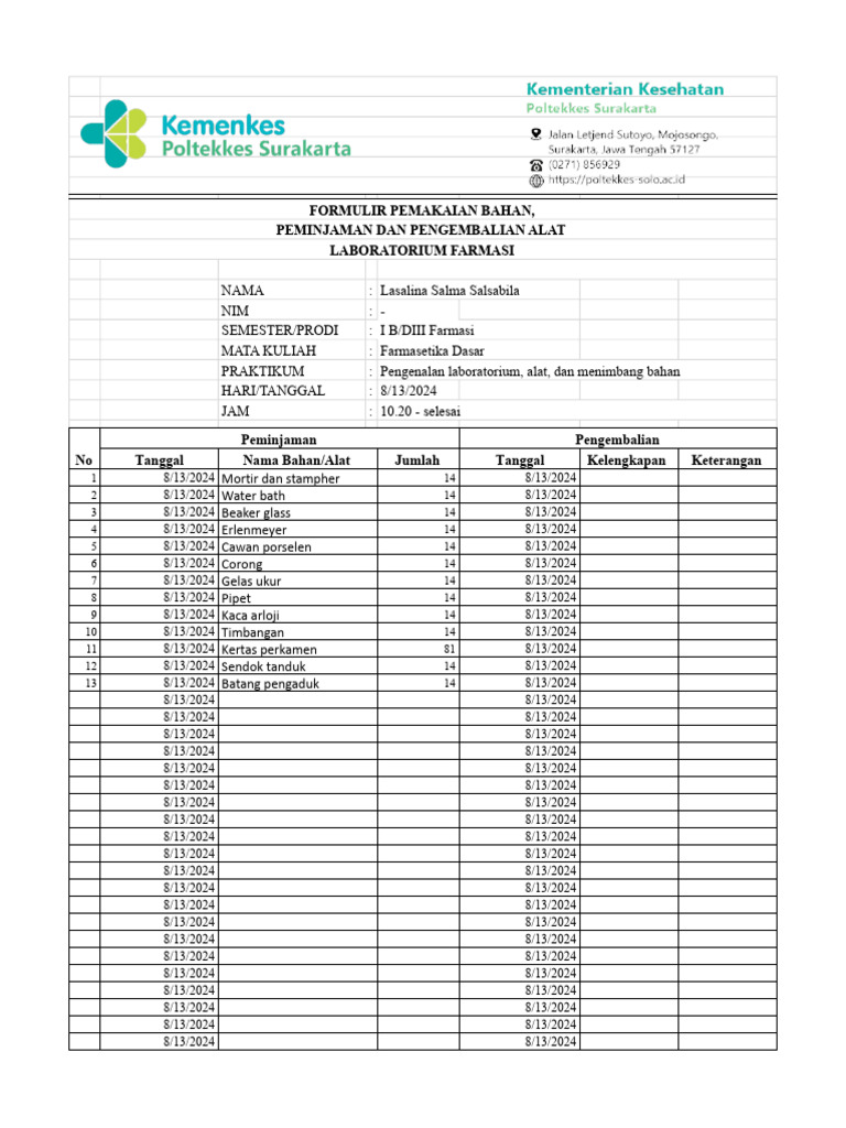 Form Peminjaman Alat-Bahan Lab Farmasi | PDF