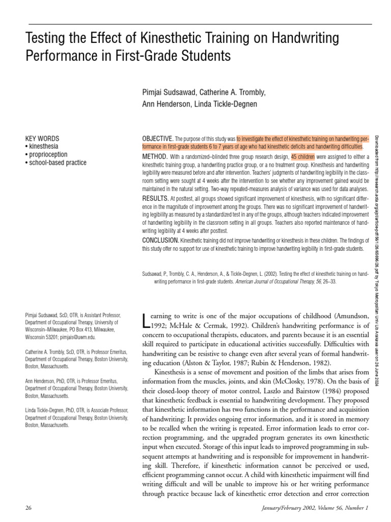Testing The Effect of Kinesthetic Training On Handwriting Performance ...
