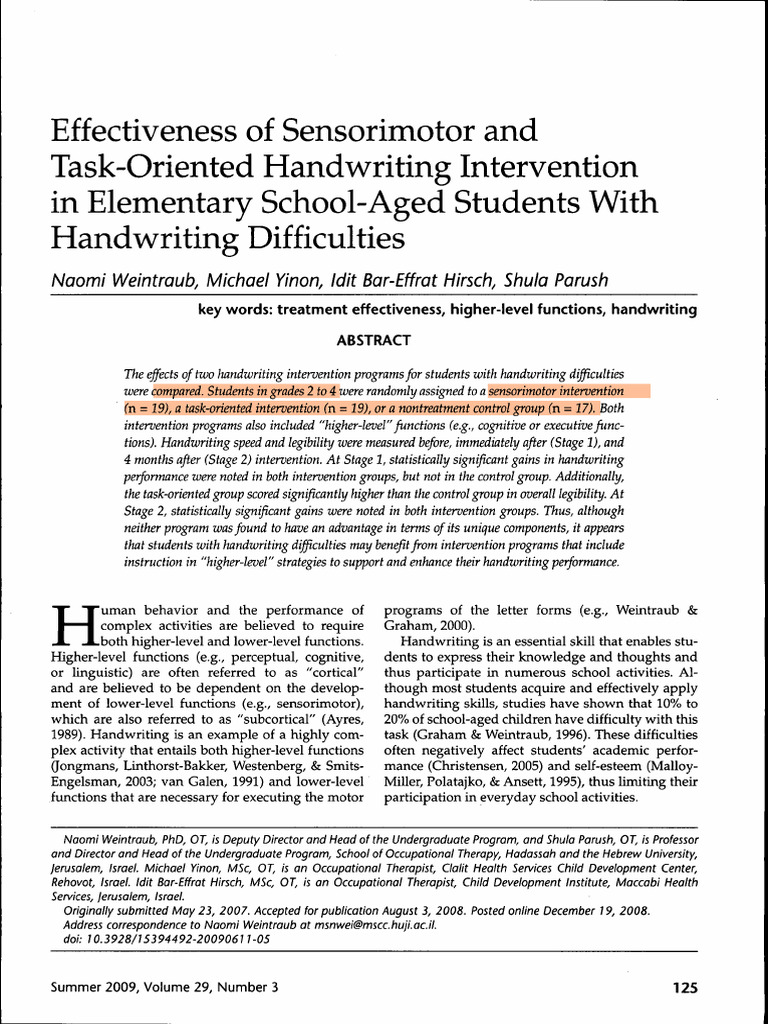 Effectiveness of Sensorimotor and Task-Oriented Handwriting ...