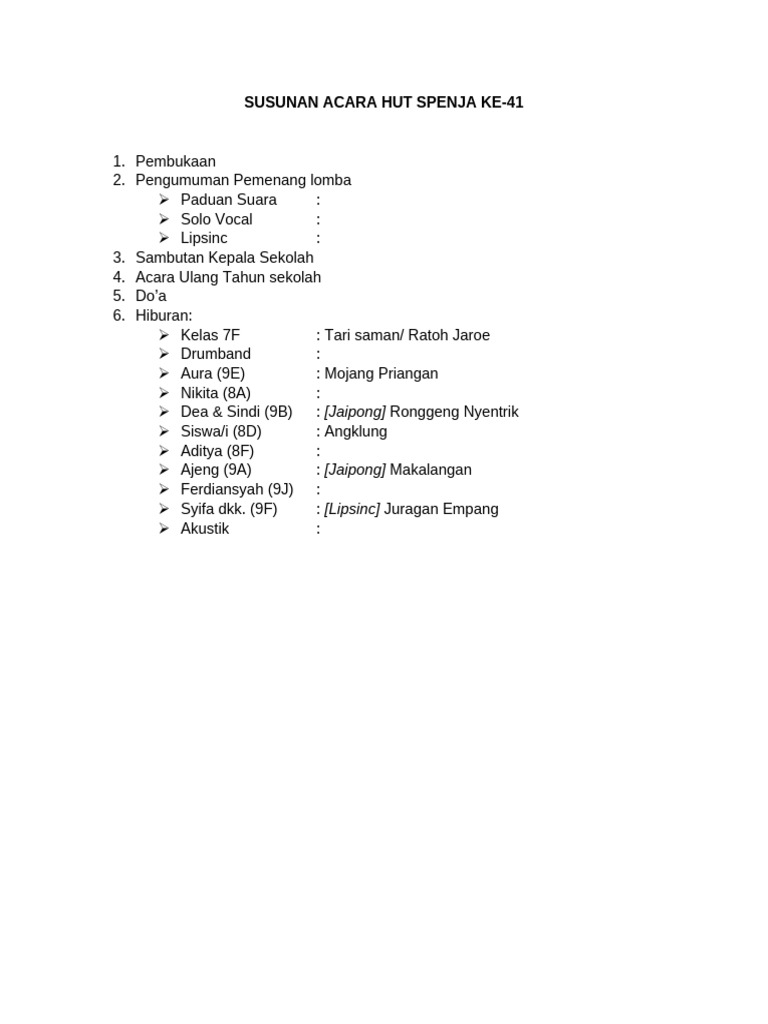 Susunan Acara Hut Spenja - 41 | PDF | Seni