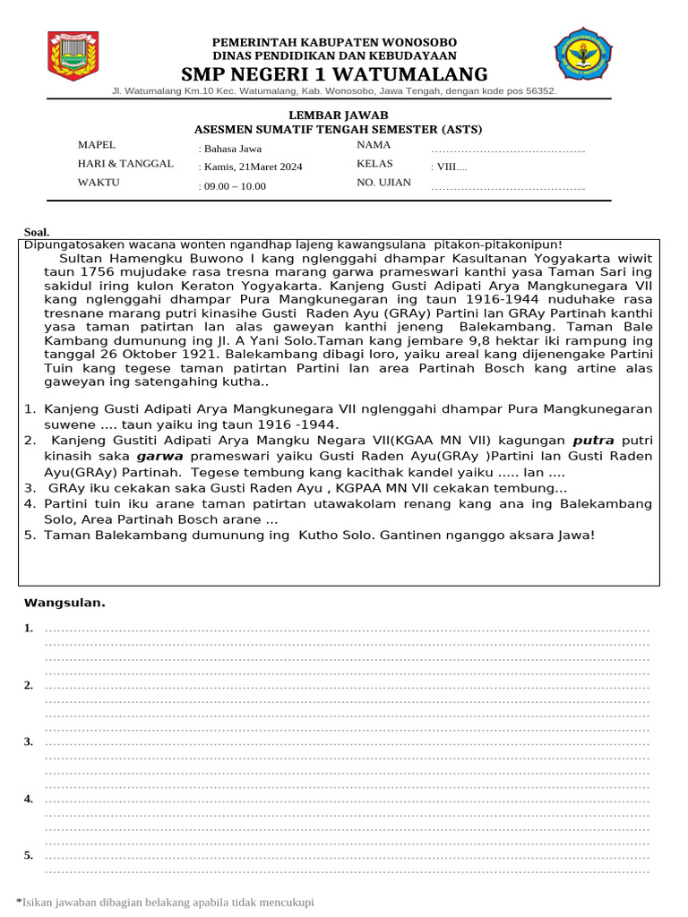 Bahasa Jawa 8 Asts 2023-2024 Genap | PDF