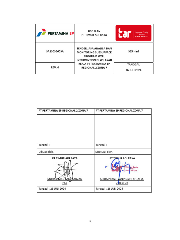 Hse Plan - PT Timur Adi Raya | PDF