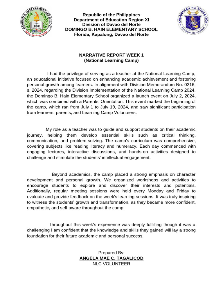 Narrative Report Week 1-3 (NLC) | PDF | Literacy | Learning