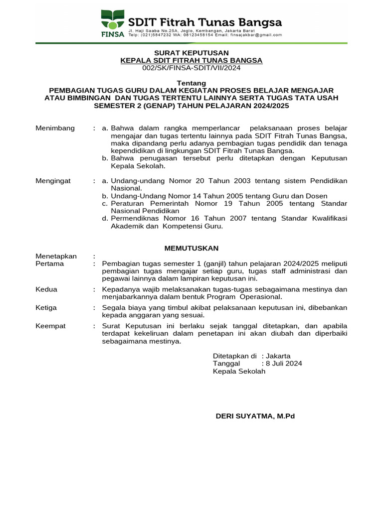 SK Pembagian Tugas Kolektif SMT 1 2024 2025 (Dapodik) | PDF