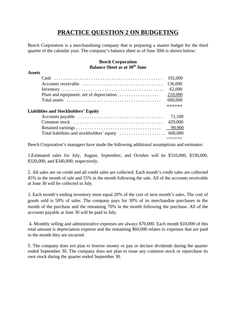 Practice Question 2 On Budgeting | PDF | Balance Sheet | Equity (Finance)