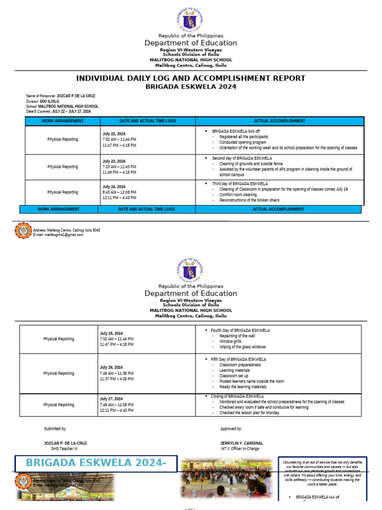 BRIGADA ESKWELA-ACCOMPLISHMENT Joz | PDF | Teaching | Education Theory