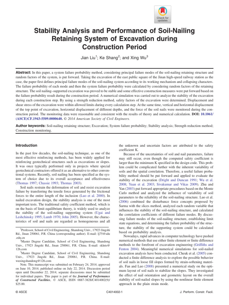 Shang Et Al 2014 Stability Analysis and Performance of Soil Nailing Retaining System of ...