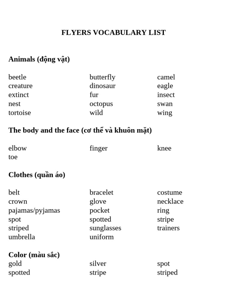 Flyers Vocabulary List | PDF