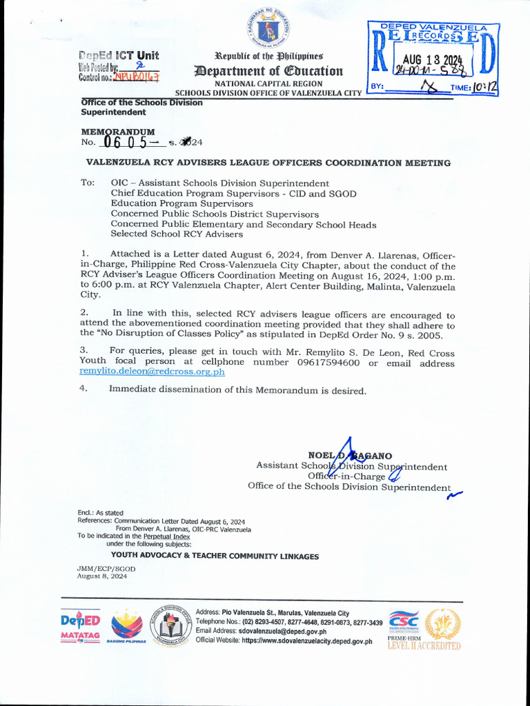 DM 0605 S. 2024 Valenzuela Rcy Advisers League Officers Coordination ...