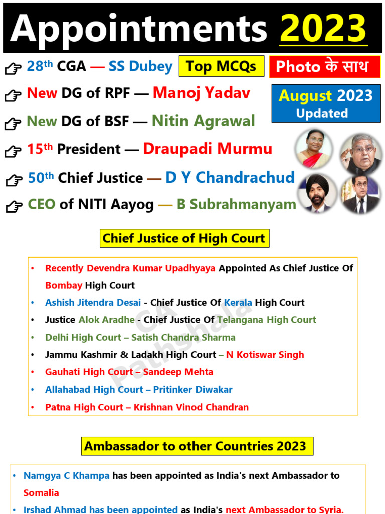 Latest Appointments in India 2023 | PDF | Government Of India