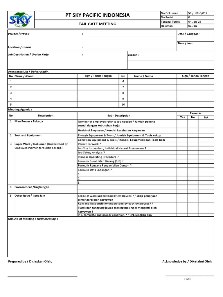 Tailgate Meeting Safety Form Template | PDF | Safety | Workplace